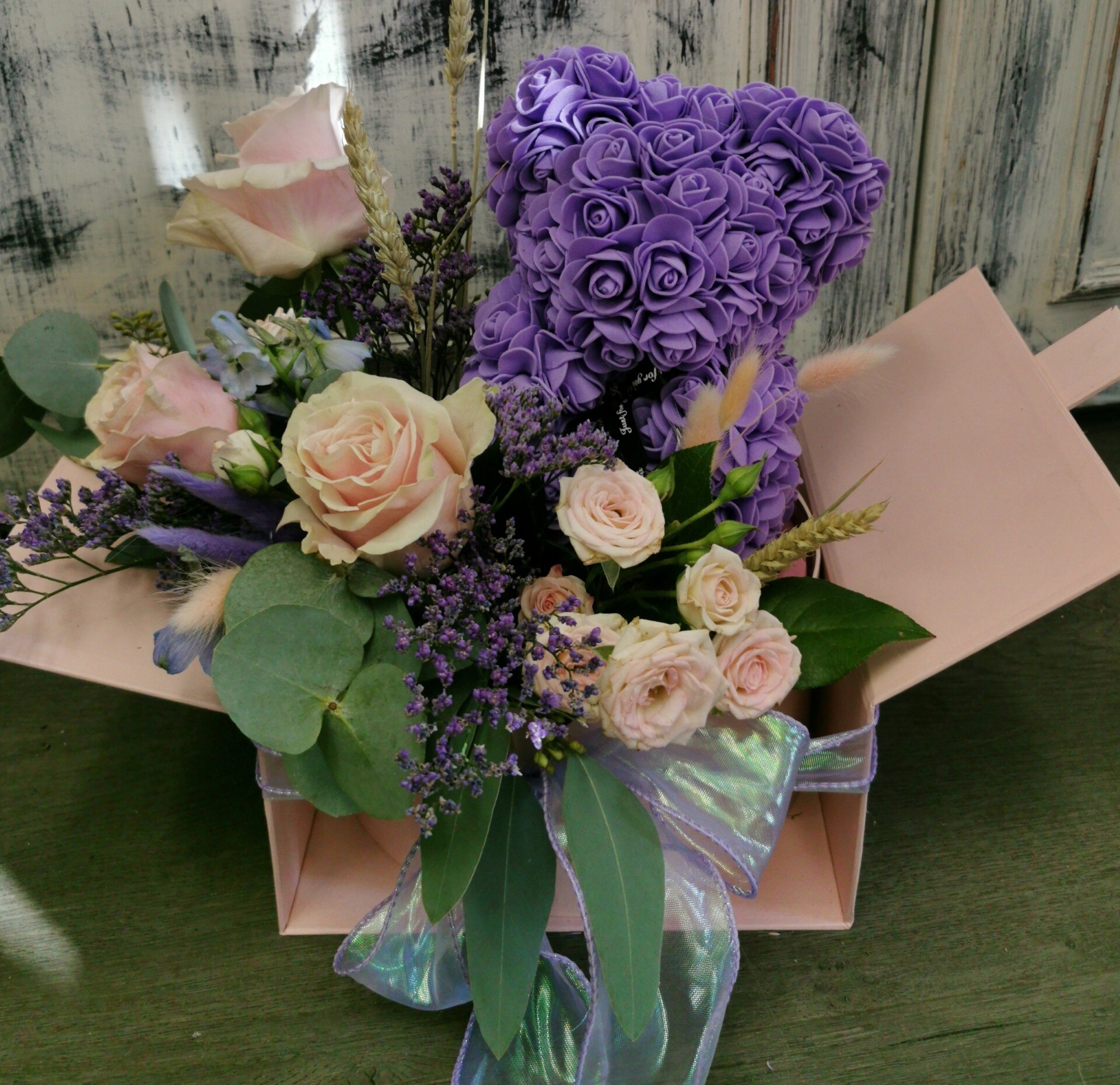 Hatbox with Forever Rose Bear in Worksop Nottinghamshire - Bo Kay Florists